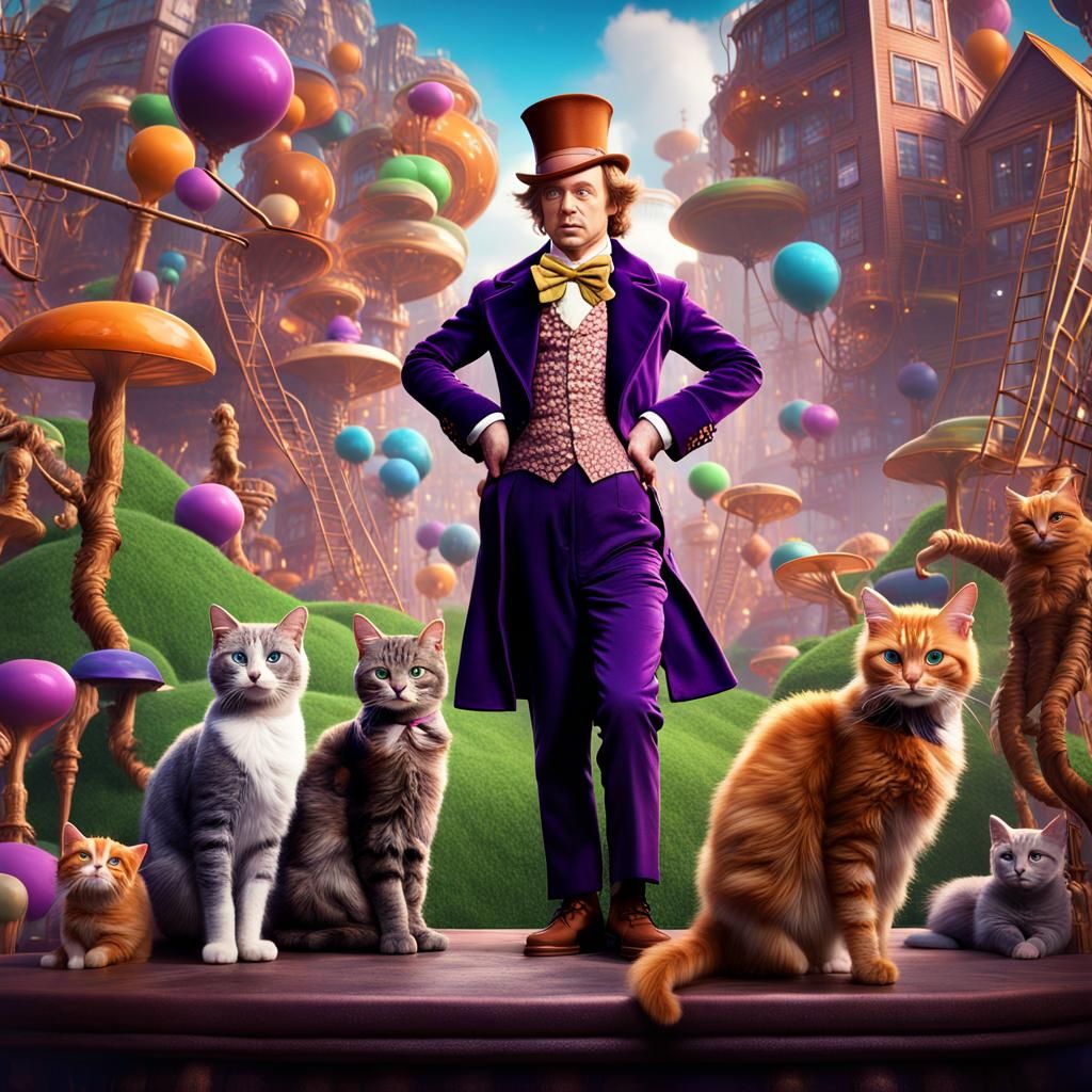 Willy Wonka & the Chocolate Factory poster with cats instead of human ...