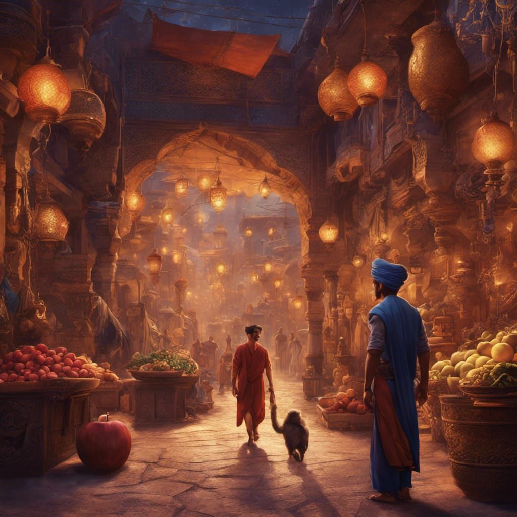 Aladdin with his monkey in Agrabah. set in middle east. Walking through ...