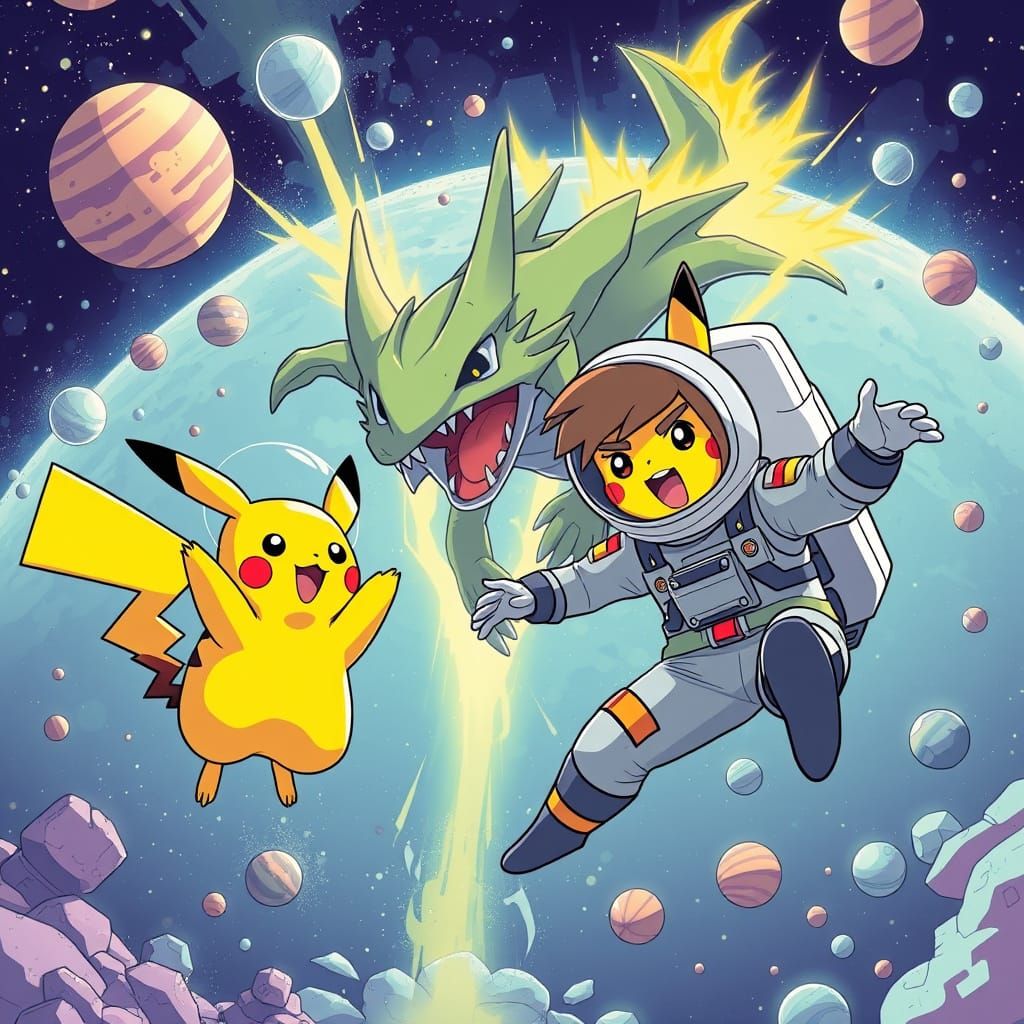 Pikachu and Ash Battle Dragonite in Space - AI Art