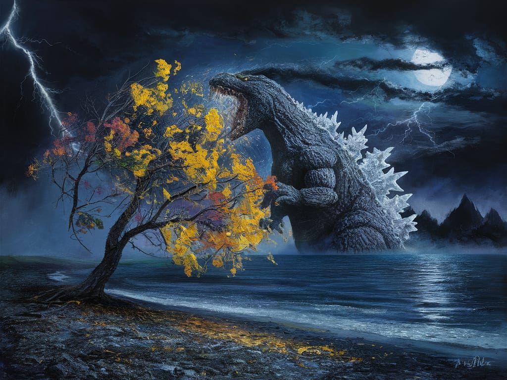 a framed picture of Godzilla eating an impasto painting consisting of A ...