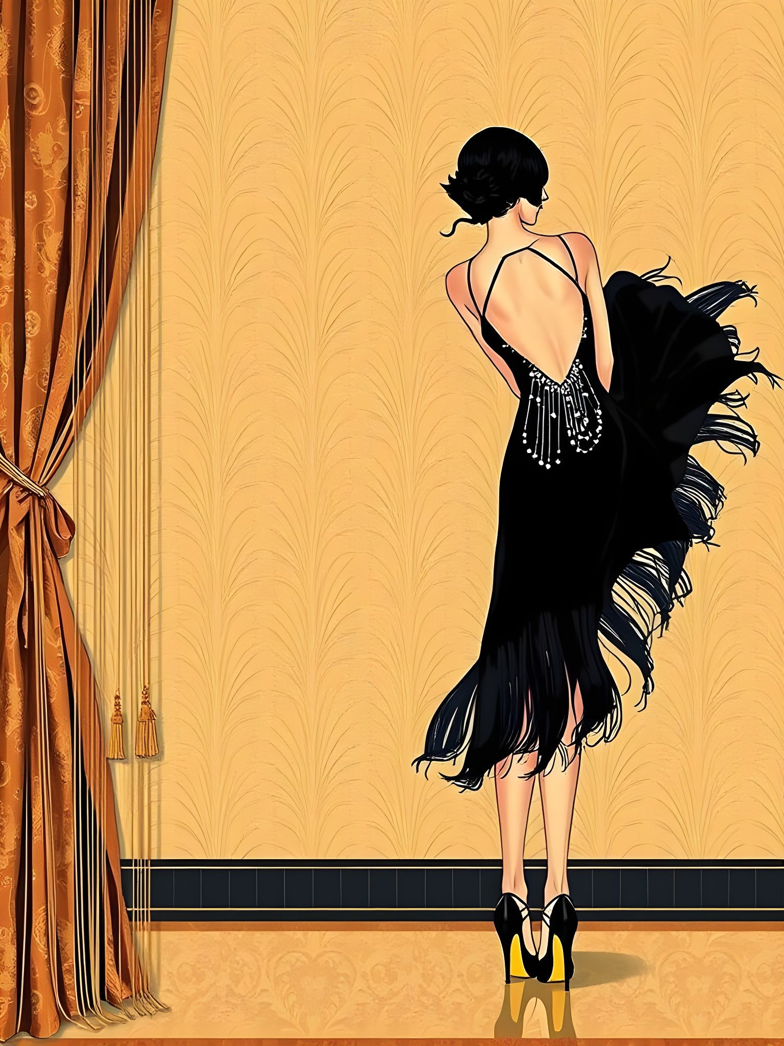 Art Deco Portrait of a Flapper Girl, Next to Curtain