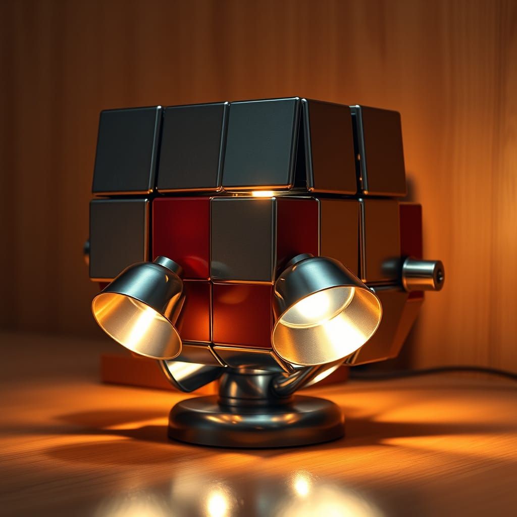 A hyper realistic looking Rubik cube desk lamp the background is a table