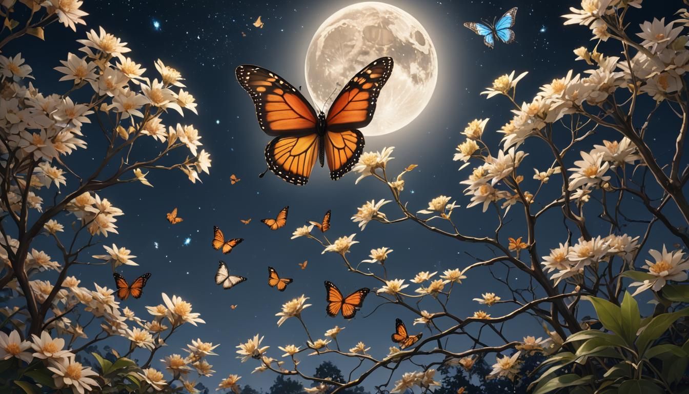 AR16x9 - Moonlit Monarch: "Under the glow of the full moon, a solitary ...