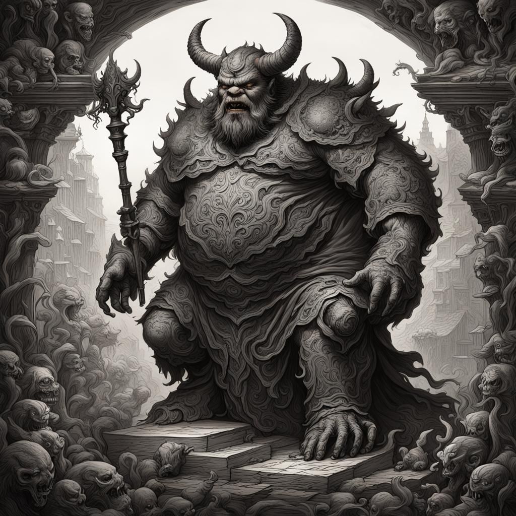 Black-and-white wood-engraving of an FAT AND OLD DEMON in the style of ...