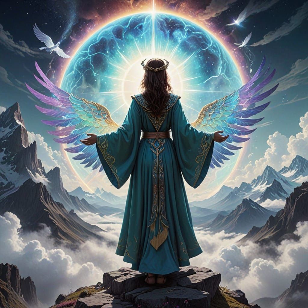 P - Celestial Majesty: Iridescent Wings and Ethereal Robe