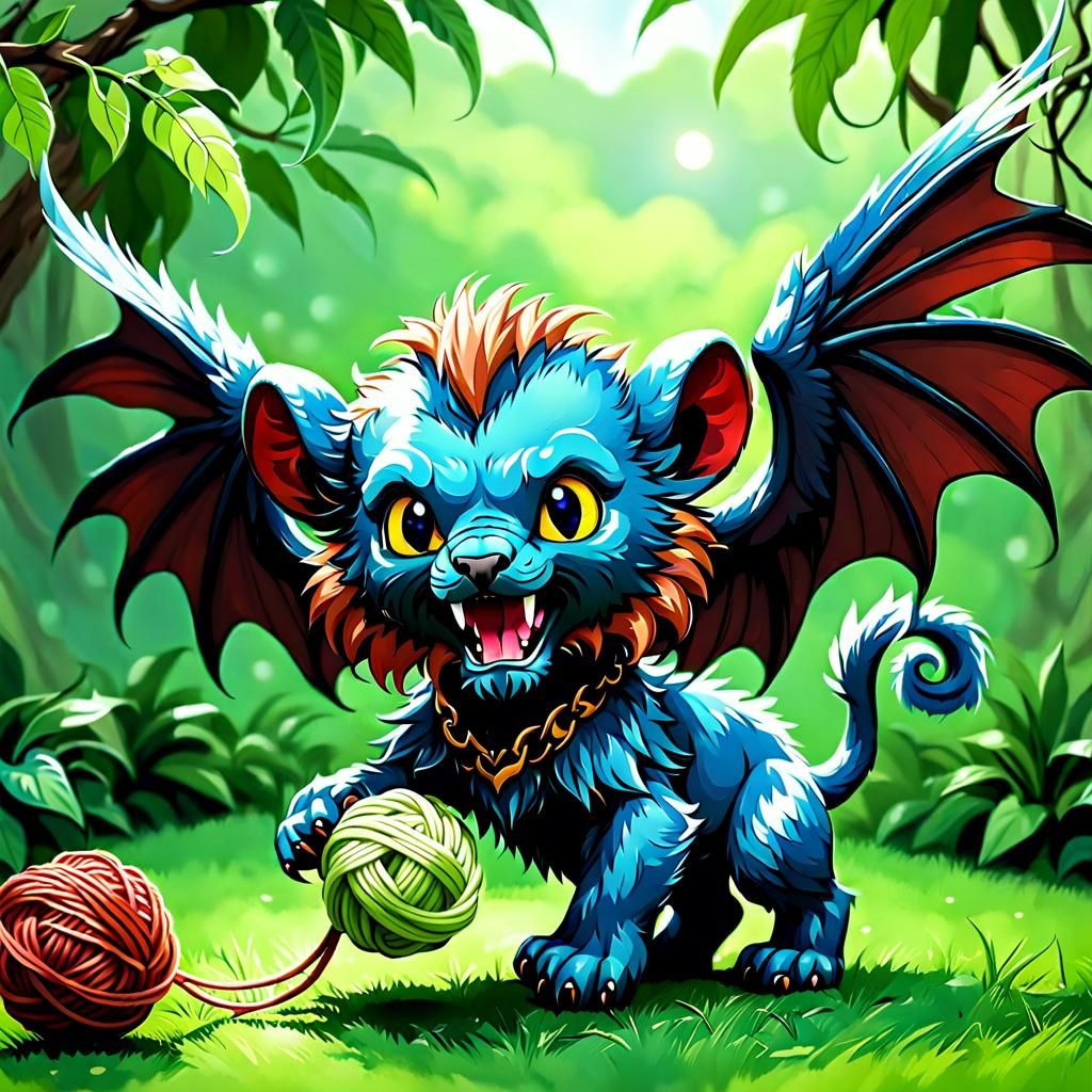 Blue baby manticore playing with a ball of yarn - AI Generated Artwork ...