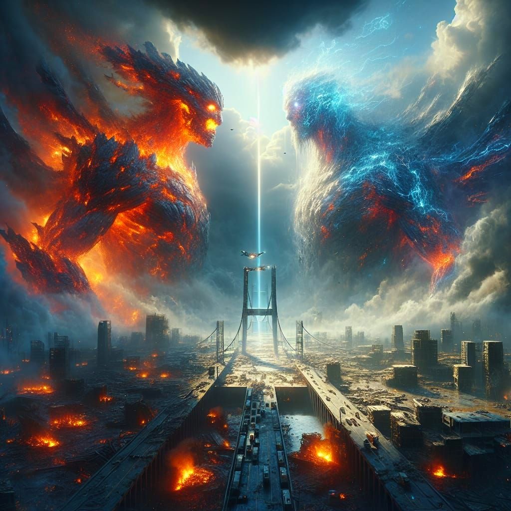 An epic and intense scene featuring two enormous creatures facing each other in a dramatic ...