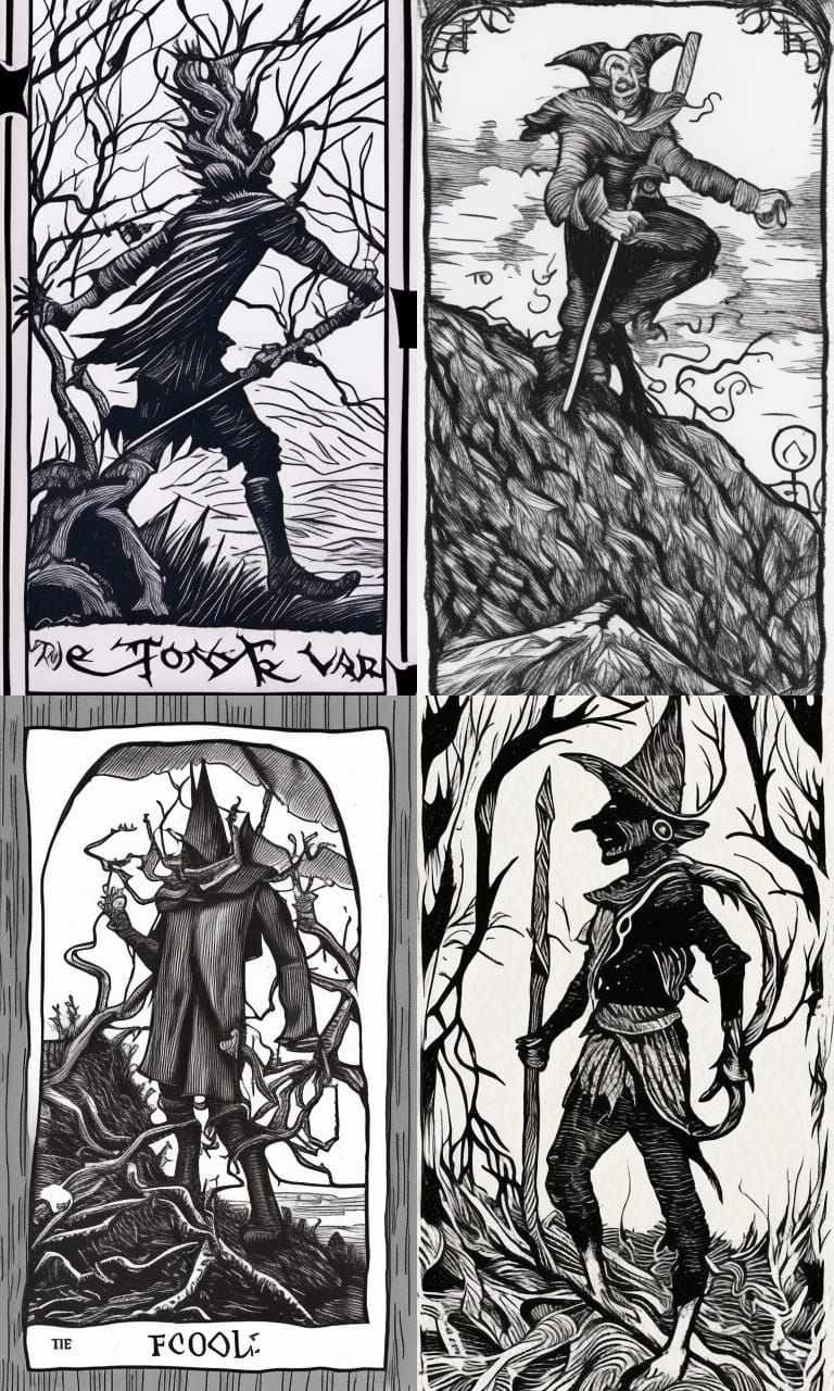 tarot card, the fool, man dressed as a jester walking to the edge of a ...