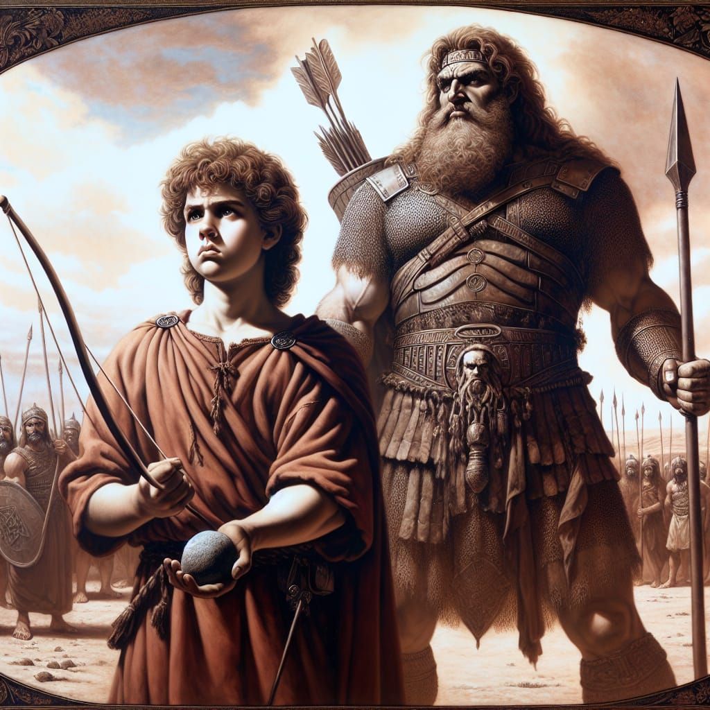 David and Goliath. - Courageous David Faces Giant Goliath i...