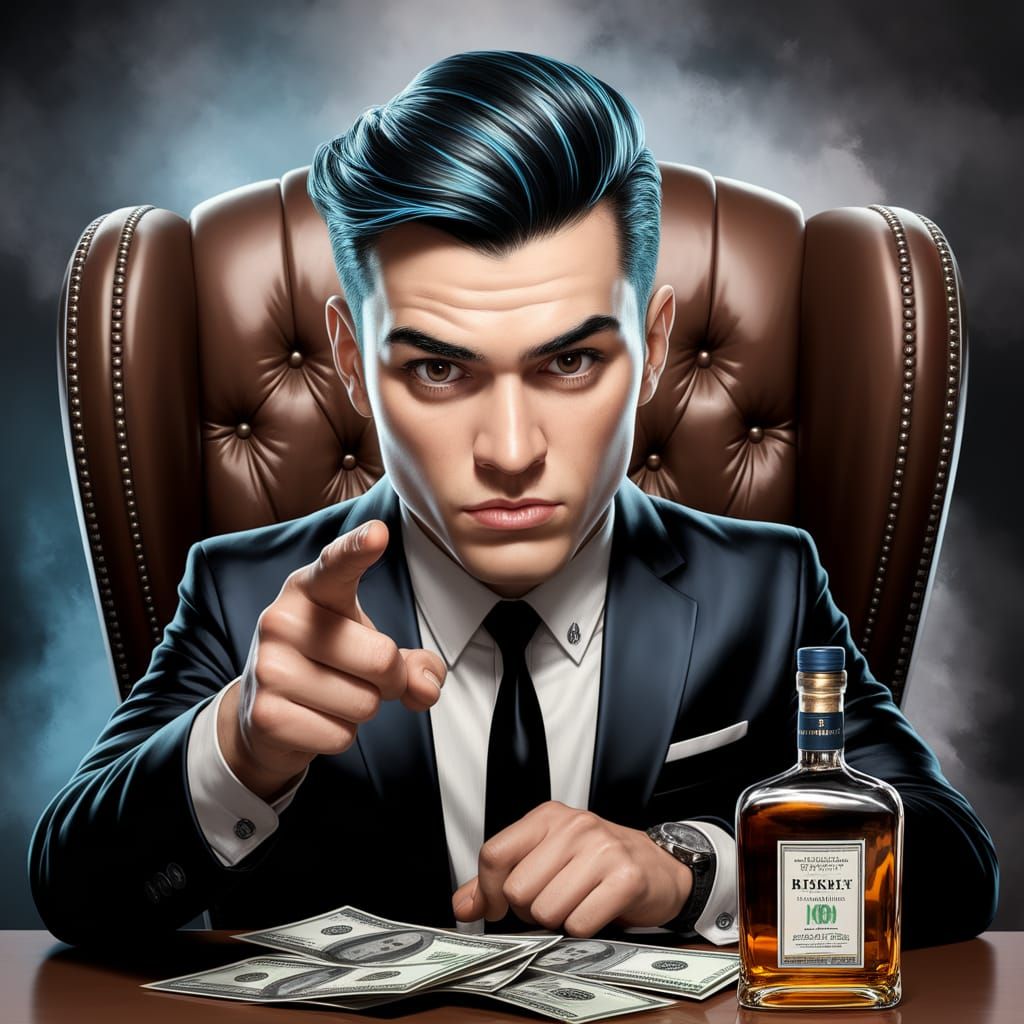 a handsome young maffia boss man sitting in a leather coach