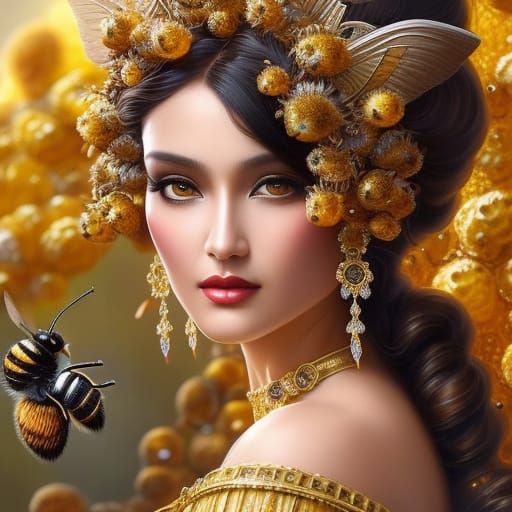 bee goddess covered in golden honey, beautiful woman with a detailed ...
