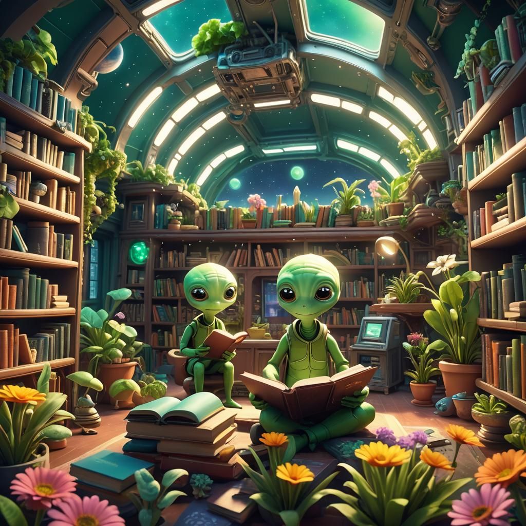 alien librarie in a spaceship - AI Generated Artwork - NightCafe Creator