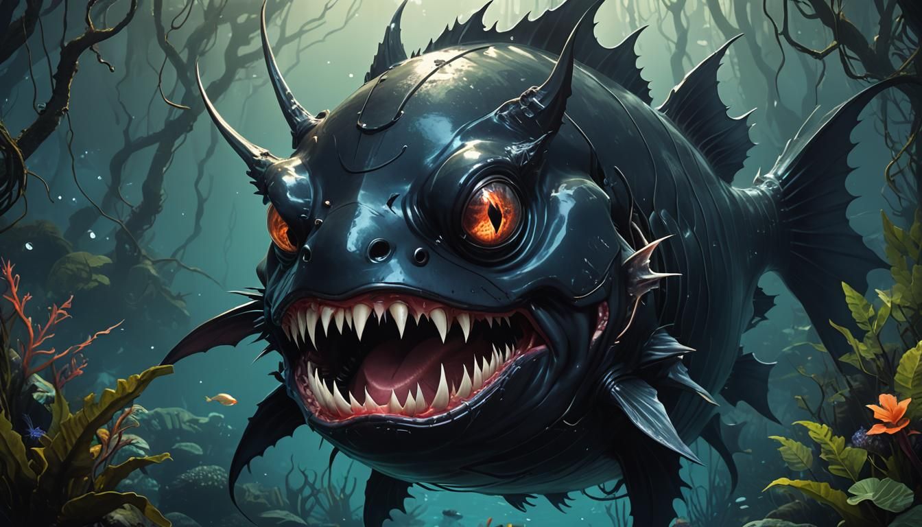 dark horror, close up portrait of horror anglerfish with sharp teeth ...