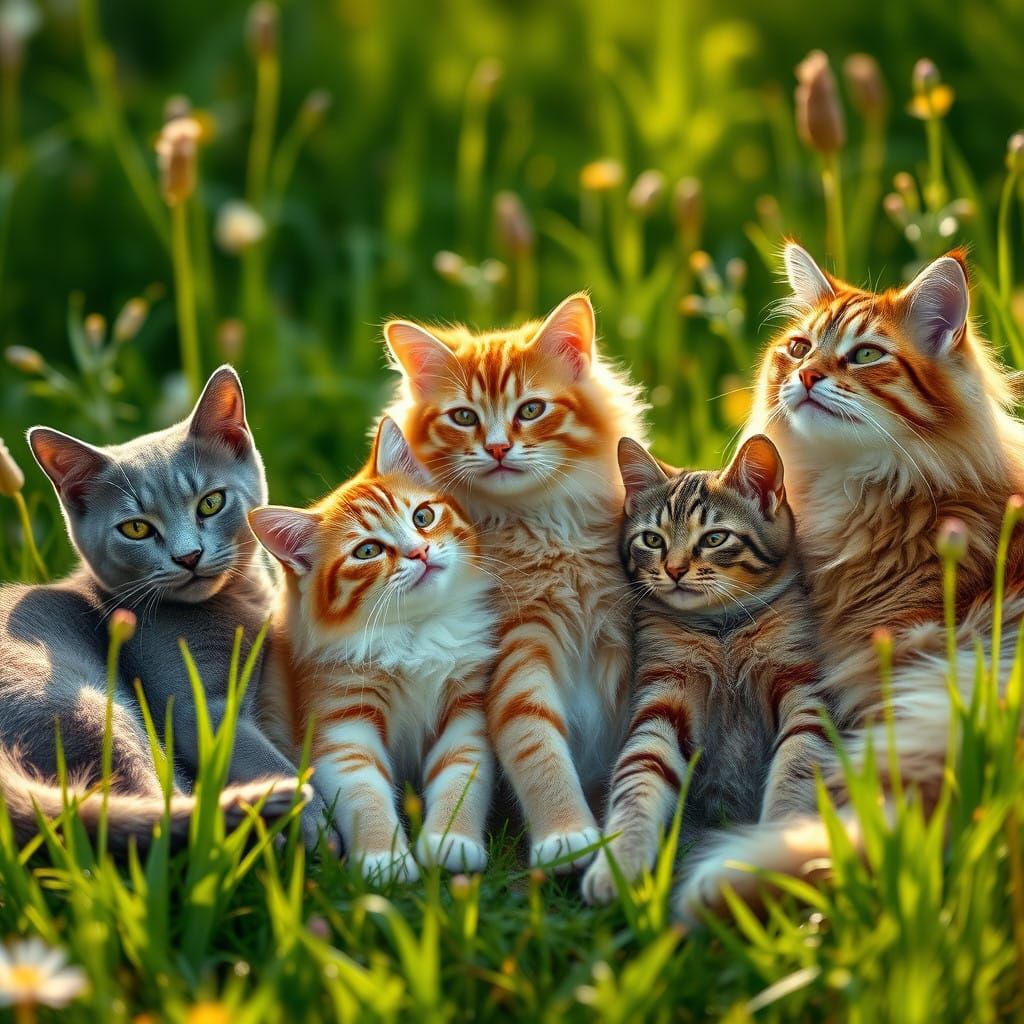 Realistic Feline Friends Bask in Sunlit Meadow - AI Art