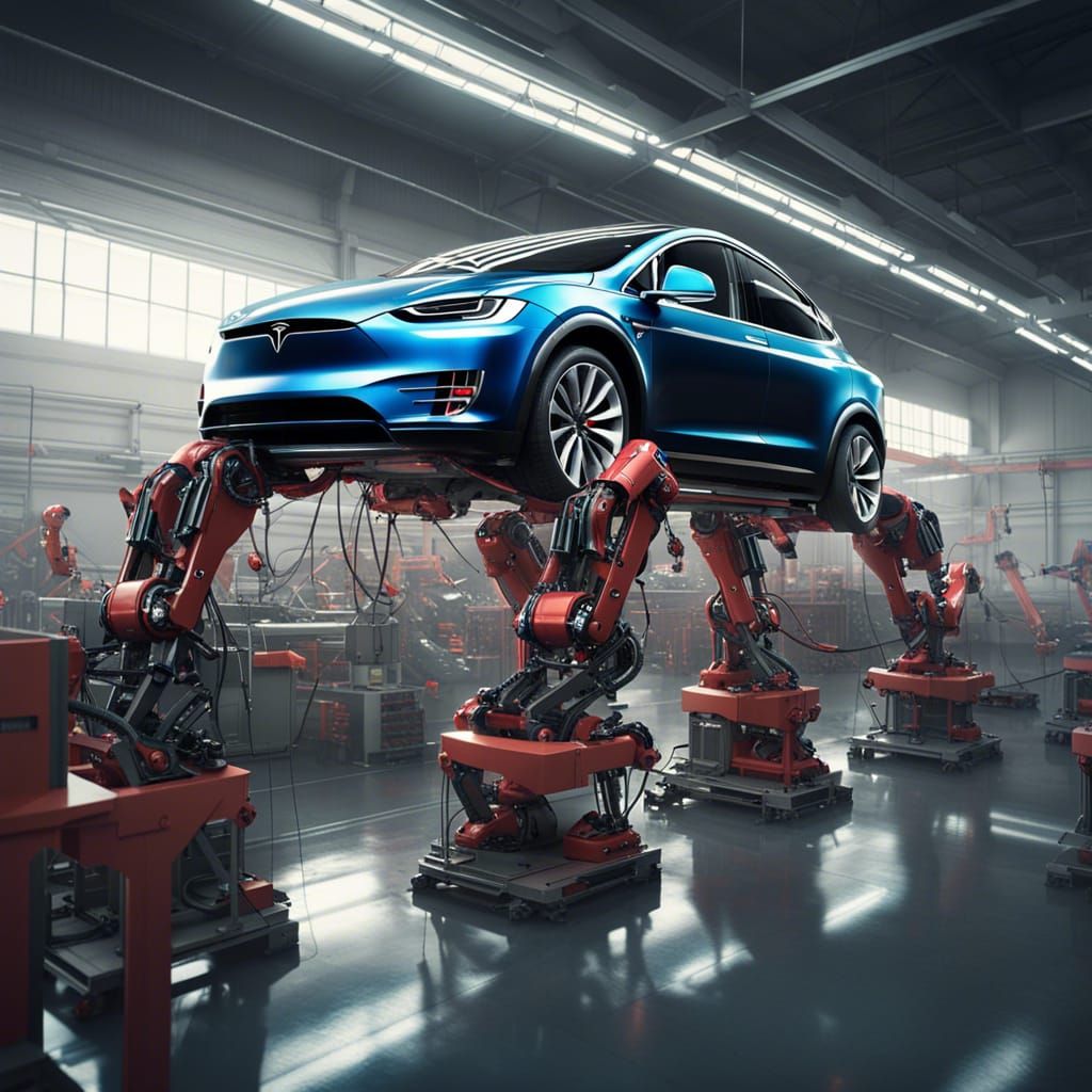 Teamwork of robots building a Tesla Model X 🚙🤖🏭⚙️🛠️🔋⚡⚛️ - AI Generated ...