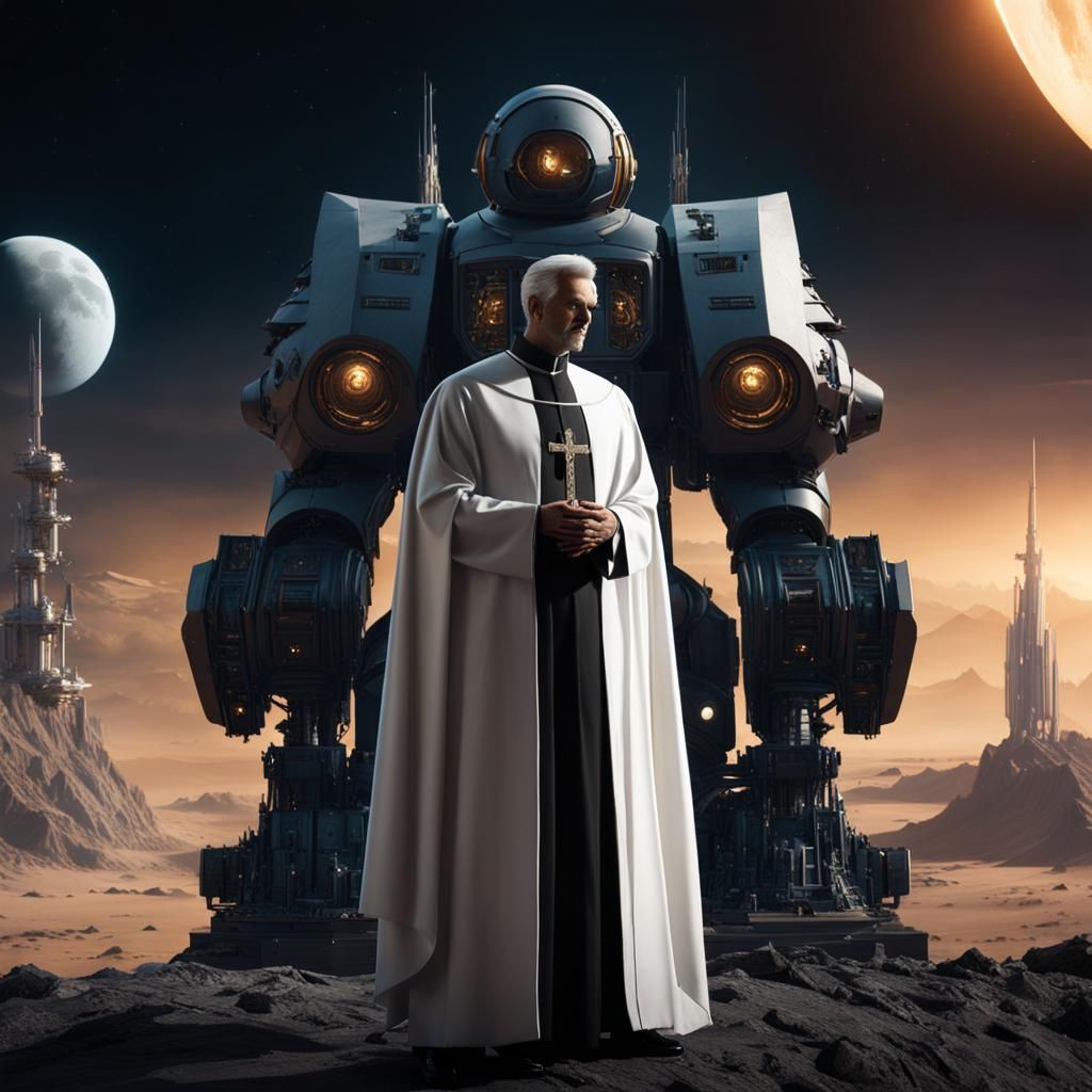 a priest in a cassock with a big robot in the shape of a biblical angel ...