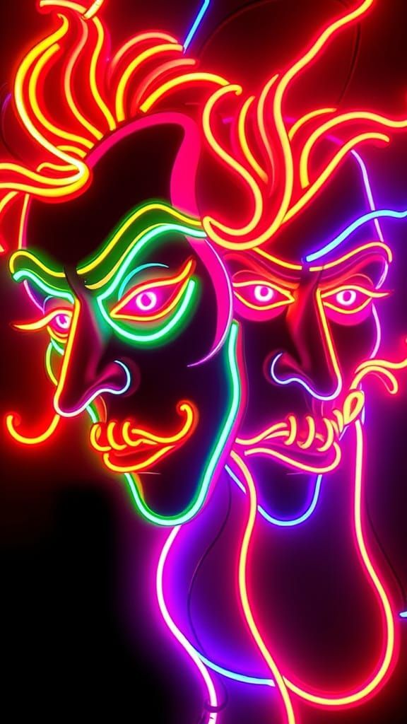 Two quirky faces abstract art made from twisted LED neon lights pop Art