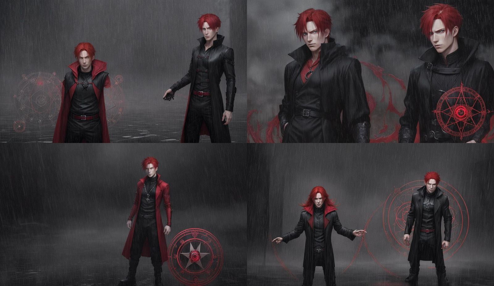 a red-haired male alchemist, wearing black and red, standing in the ...
