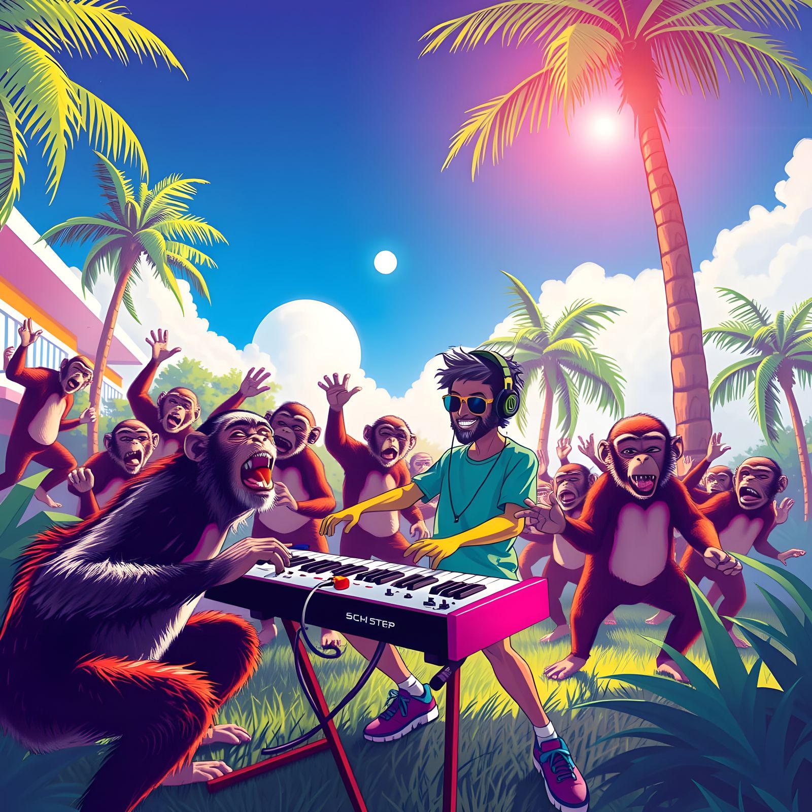 Futuristic Musician Surrounded by Energetic Monkey... - AI Art