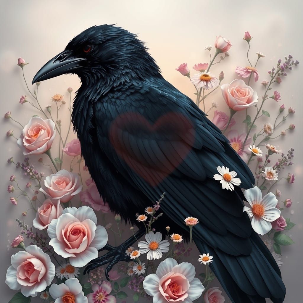 Majestic Crow Amidst Whimsical Botanicals in Encha... - AI Art