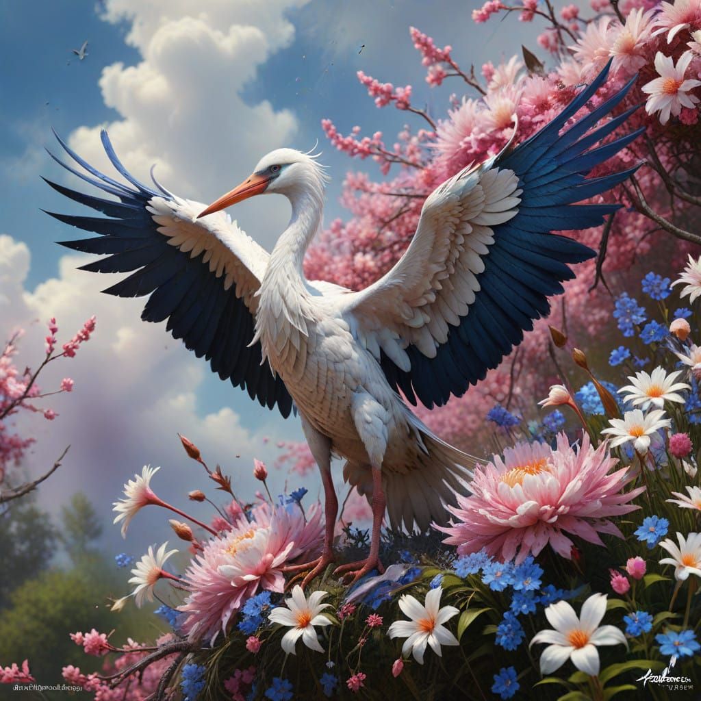 a fluffy white stork in flowers - Fantastical White Stork ...