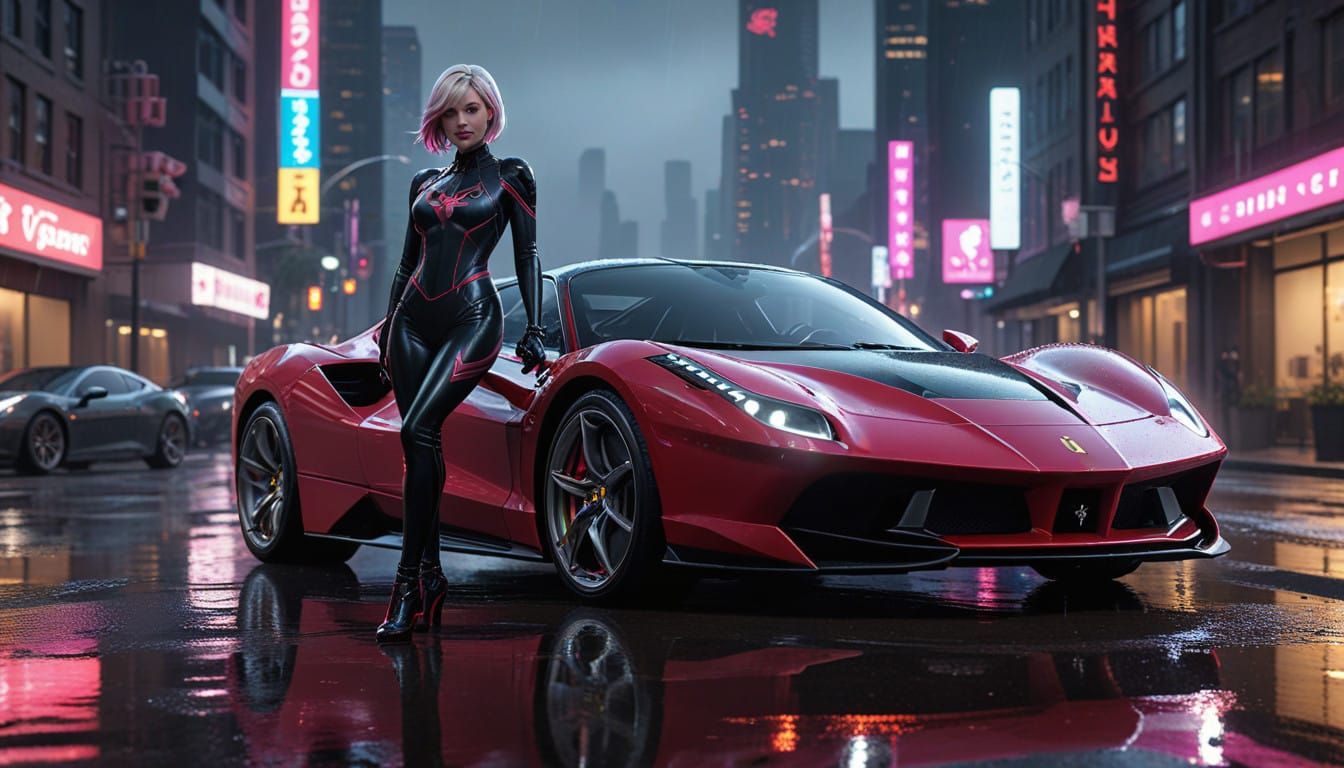 Gotham City Nighttime Scene with Spider-Gwen and C... - AI Art