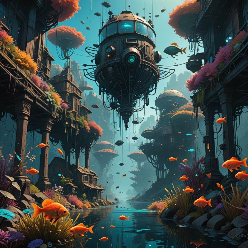 Alien swimming with gold fish - Iridescent Alien Surrounded ...