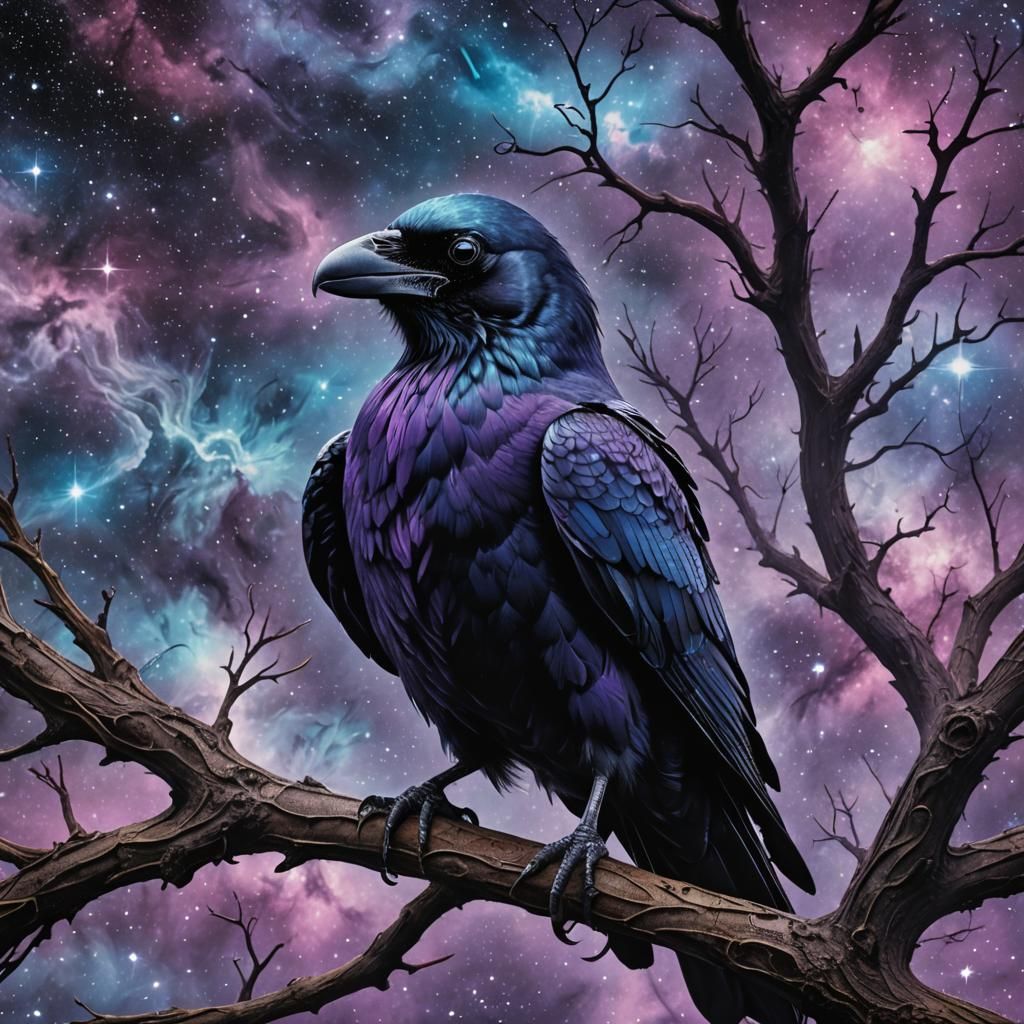 Close up of a purple and blue raven perched on a branch, with star ...