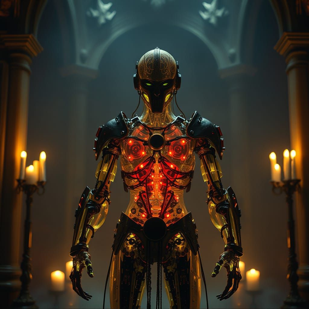 Medieval Automaton with Glowing Circuits in Cinema... - AI Art