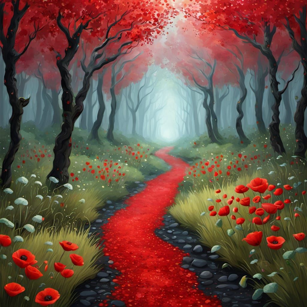 Romantic Red Forest Landscape with Cute Cupid - AI Art