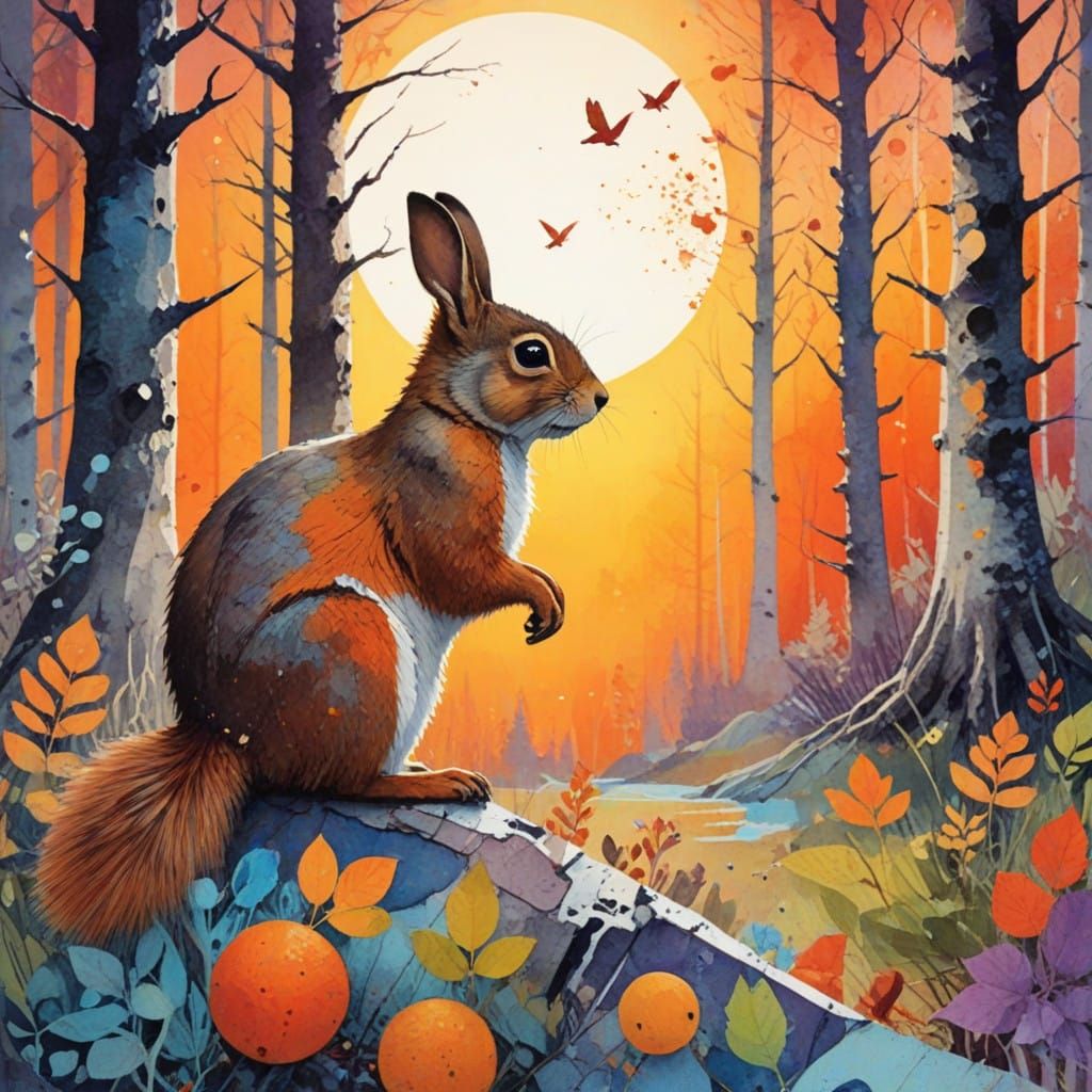 Squirrel-Rabbit with Oranges - Whimsical Collage of Forest C...