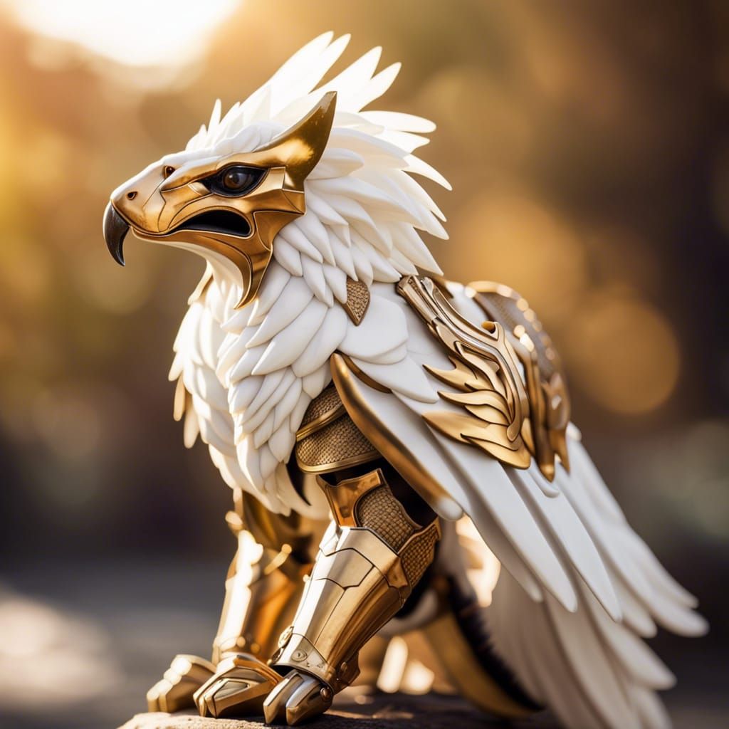 White Sabertooth with eagle wings and tail, a saddle, and gold armor ...