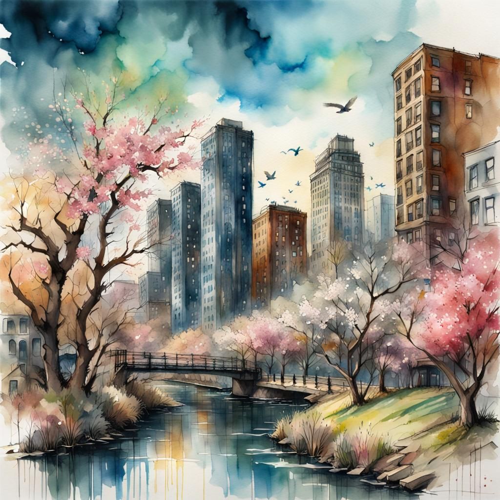 Detailed watercolor Illustration of a beautiful early_spring river ...