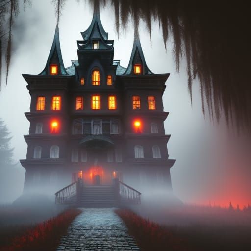 Horror Manor surrounded by fog, swirling fog, spirits, sinister, creepy ...
