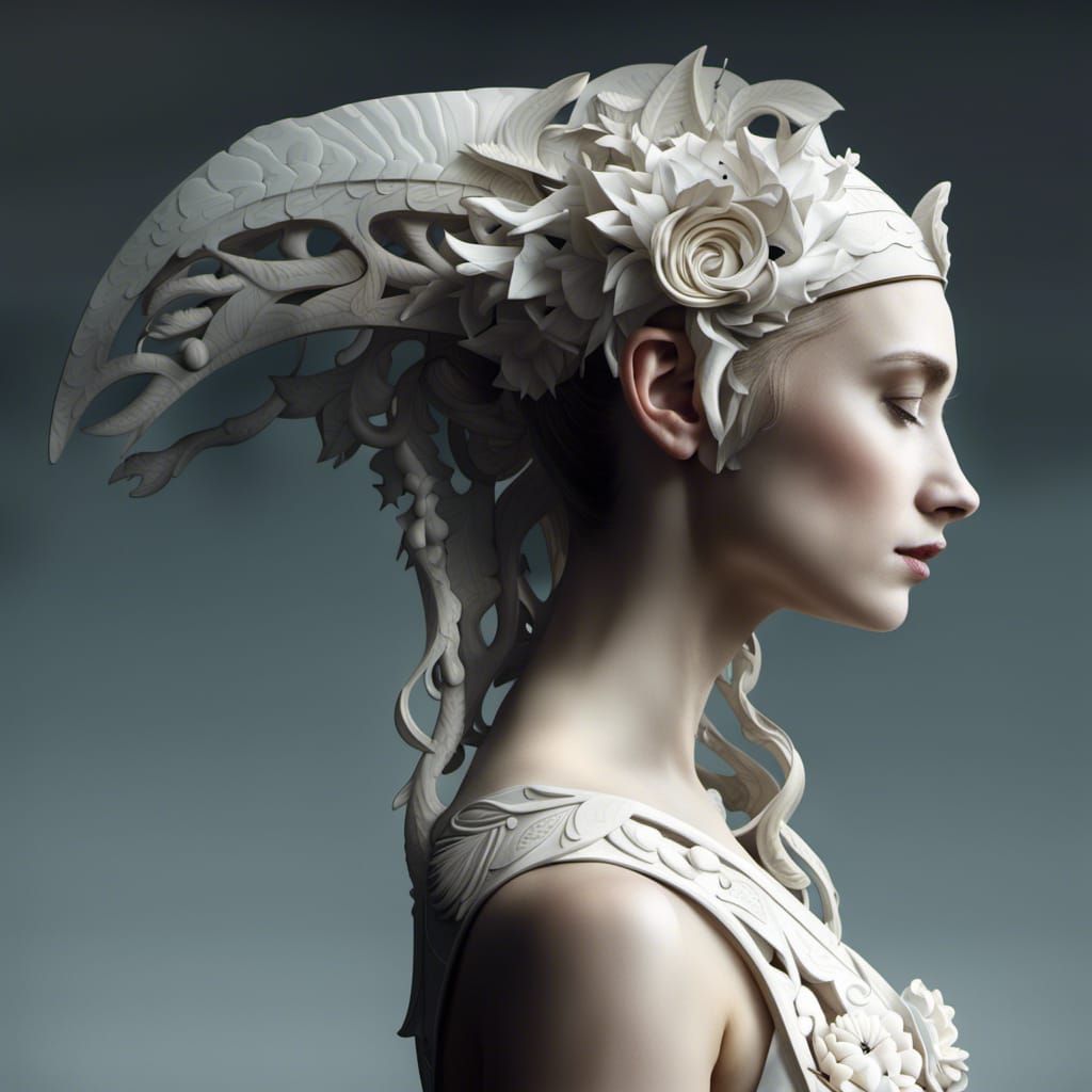 side portrait, headpiece on woman made of carved white bone, art ...