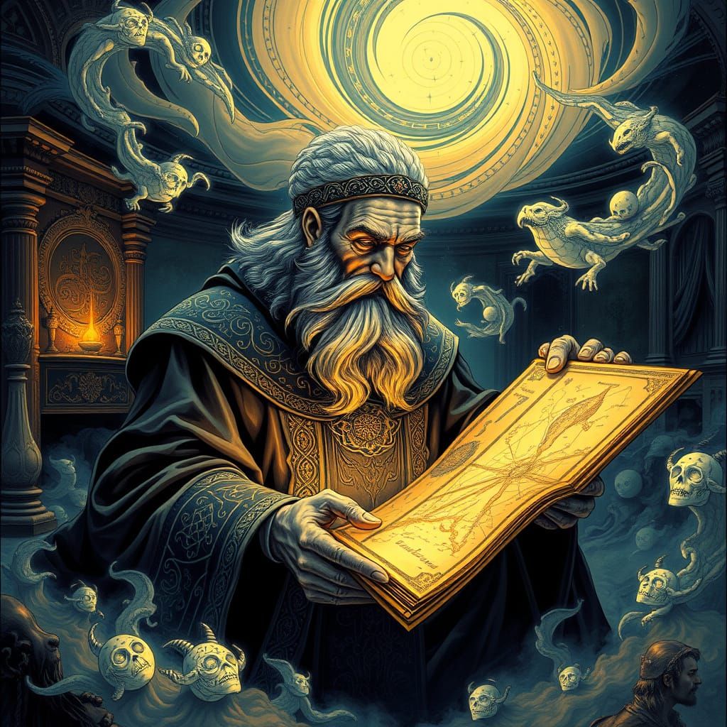Wizard Studies Cosmos Maps with Swirling Phantasms - AI Art