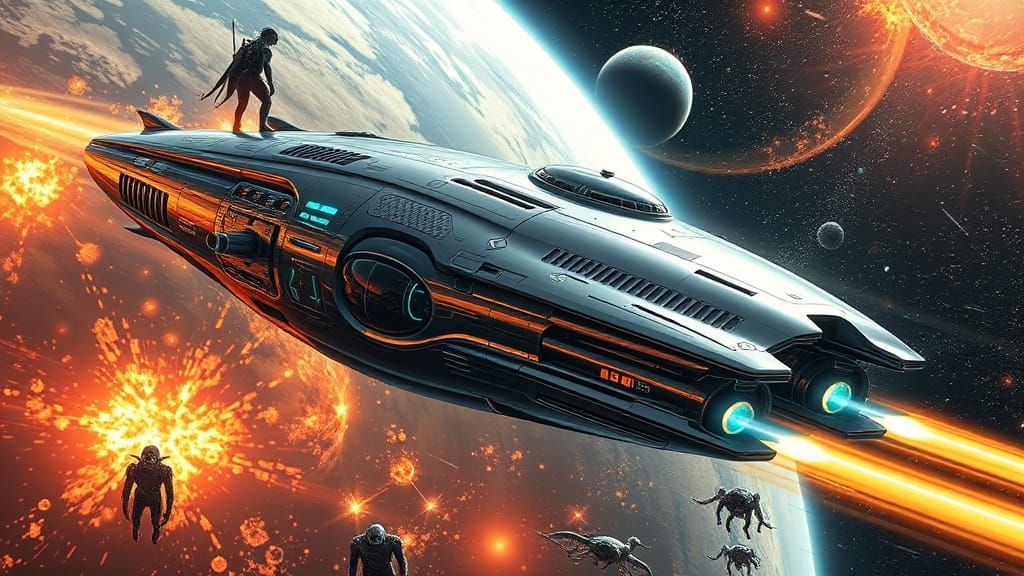 A massive, aerodynamic spacecraft hurtles through the expanse of space ...