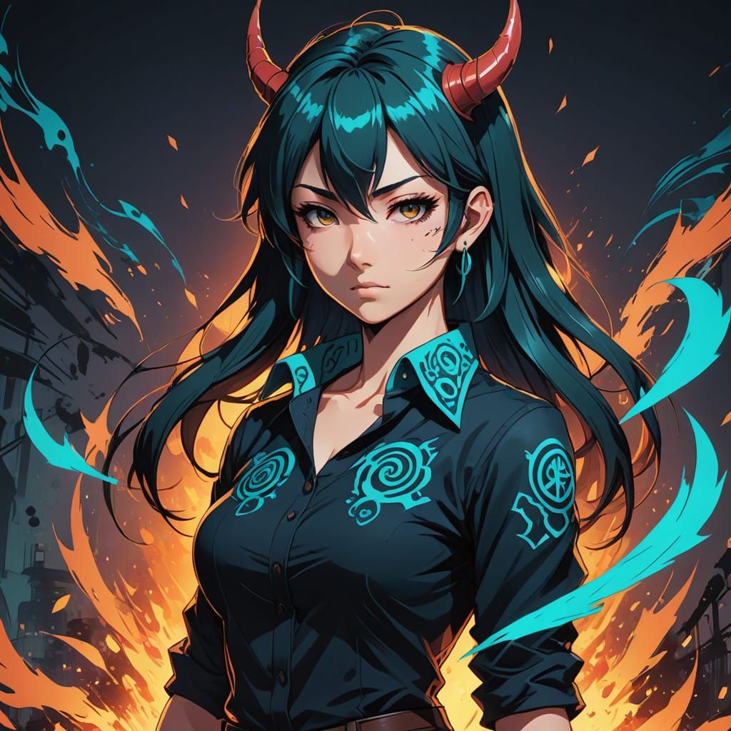 Manga-Inspired Oni Fairy in Hellfire Patterned Shi... - AI Art