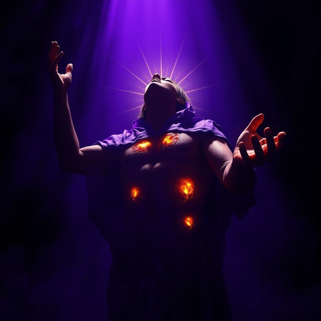 Mysterious Figure in Deep Purple Shadows, Raising ... - AI Art