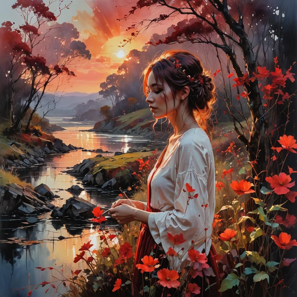 Sunset Hues and Riverside Views - AI Generated Artwork - NightCafe Creator