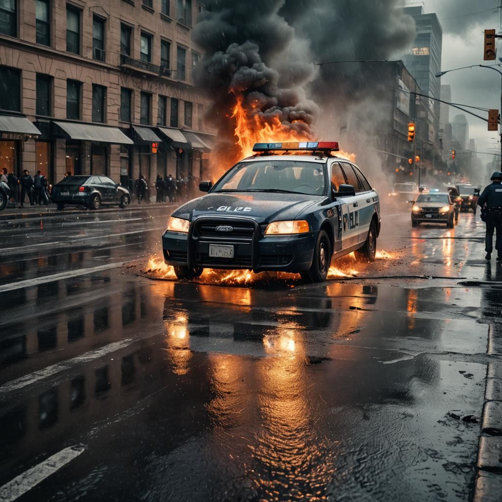 Close shot of a police car on fire in a stormy city. - AI Generated ...