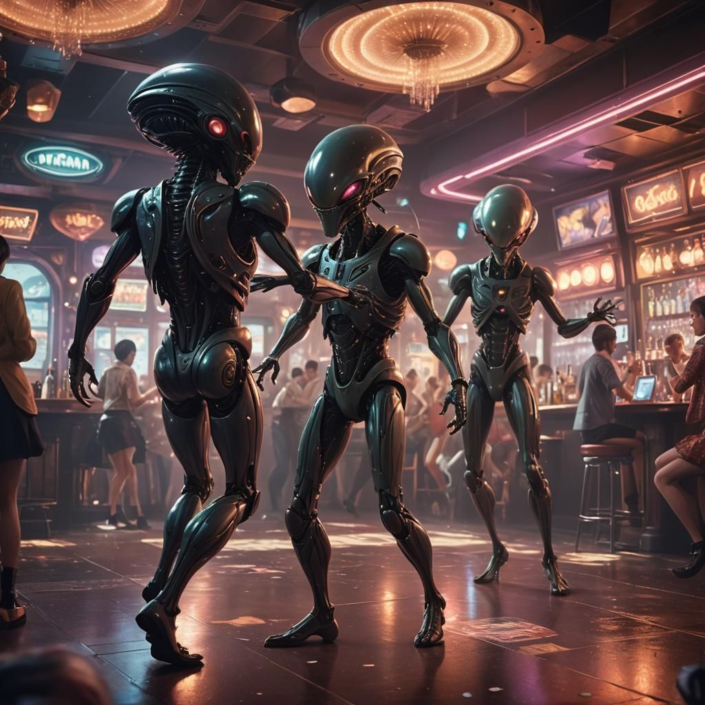 Dancing Antropomorfic Aliens in a 1960 Disco pub. Epic cinematic ...