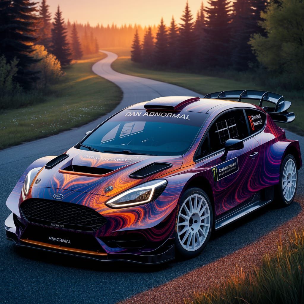 Noble rally car wrapped in "dan abnormal" artwork
