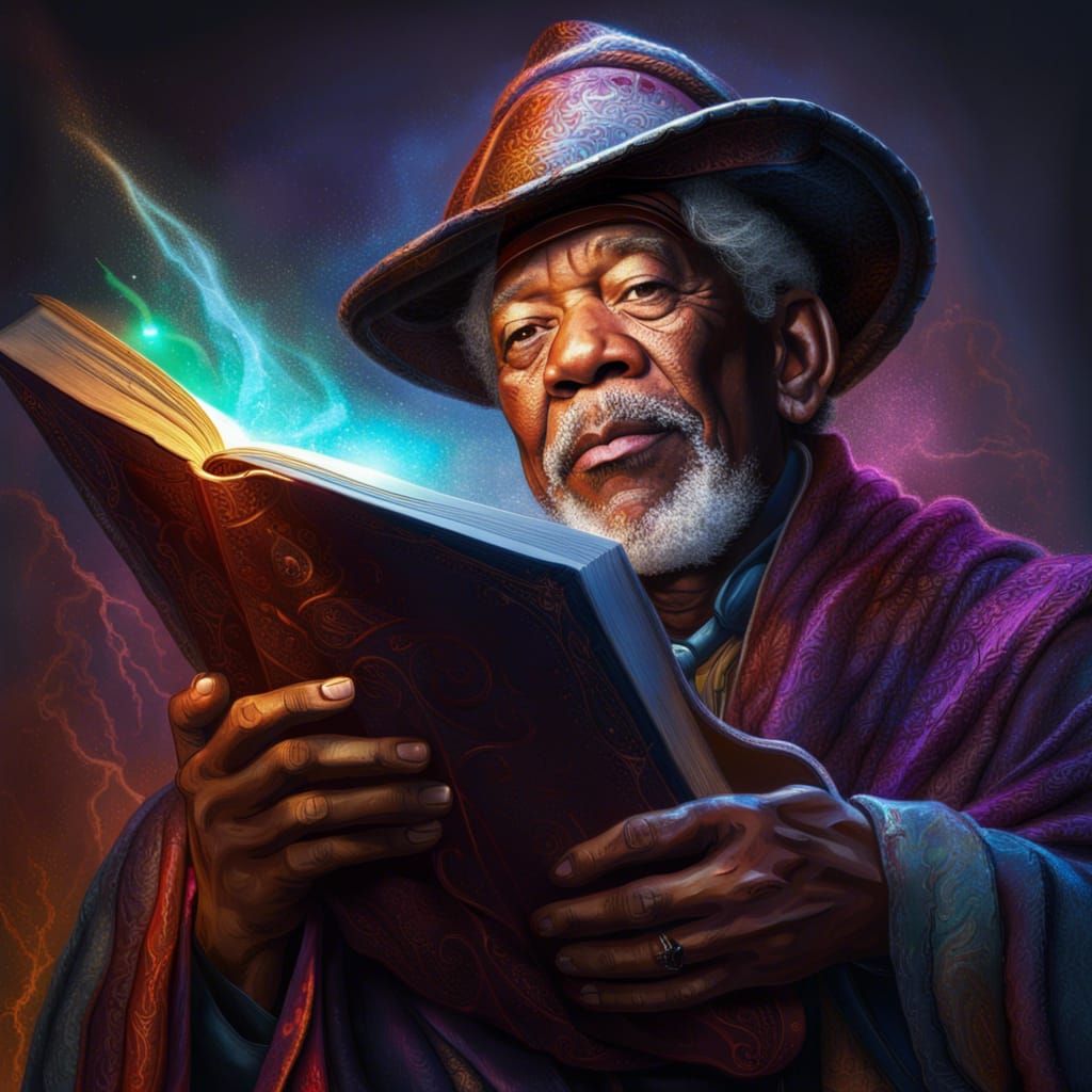 Morgan Freeman is an ancient wizard with a very large book : r/nightcafe