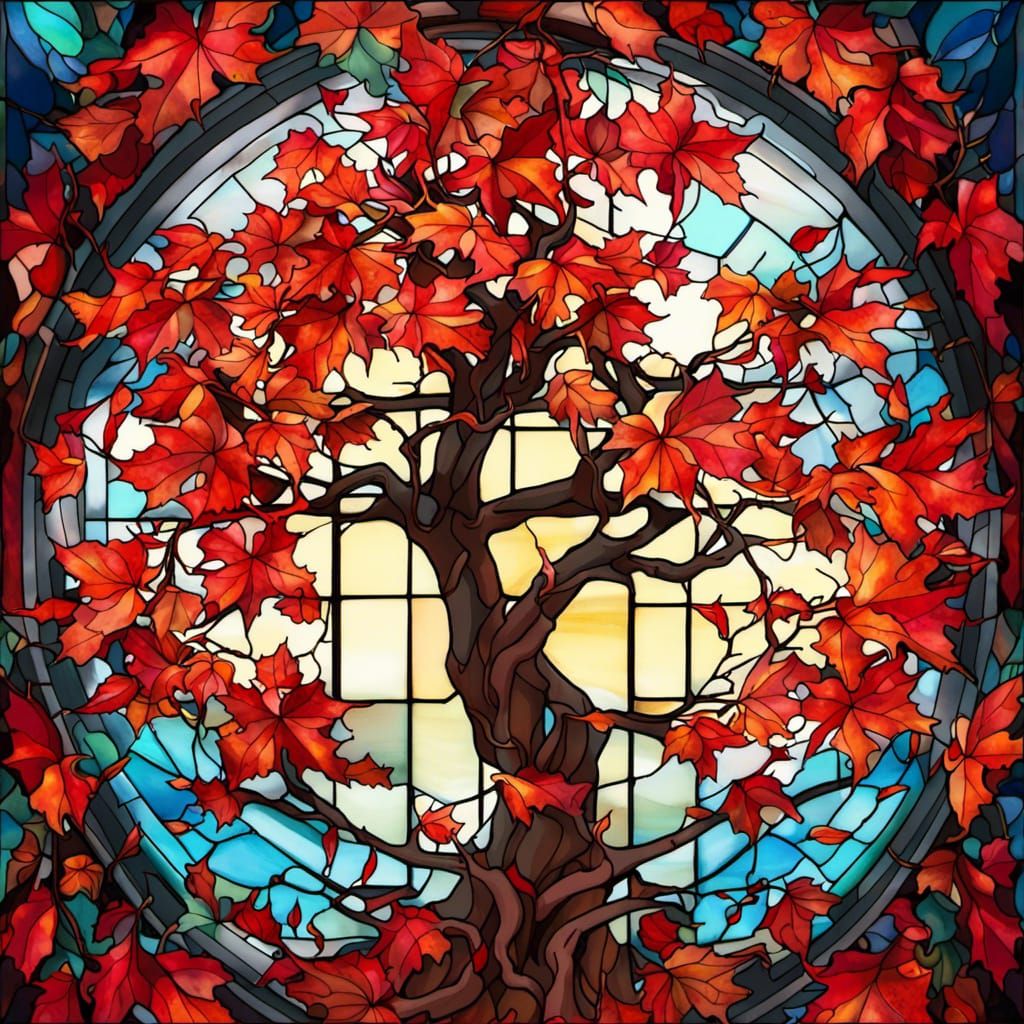 stained glass maple tree with red leaves in the fall - AI Generated ...