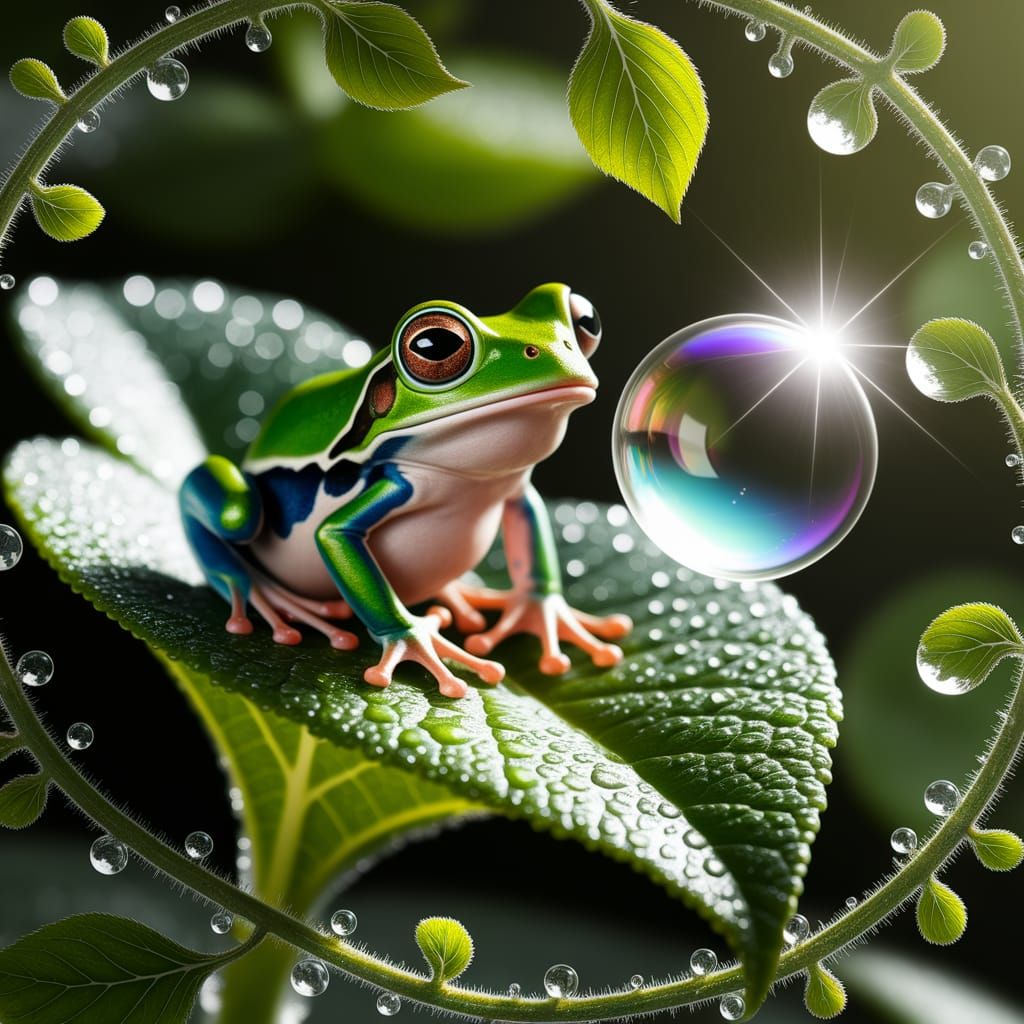 Whimsical Green Frog Blows Iridescent Gum Bubble - AI Art