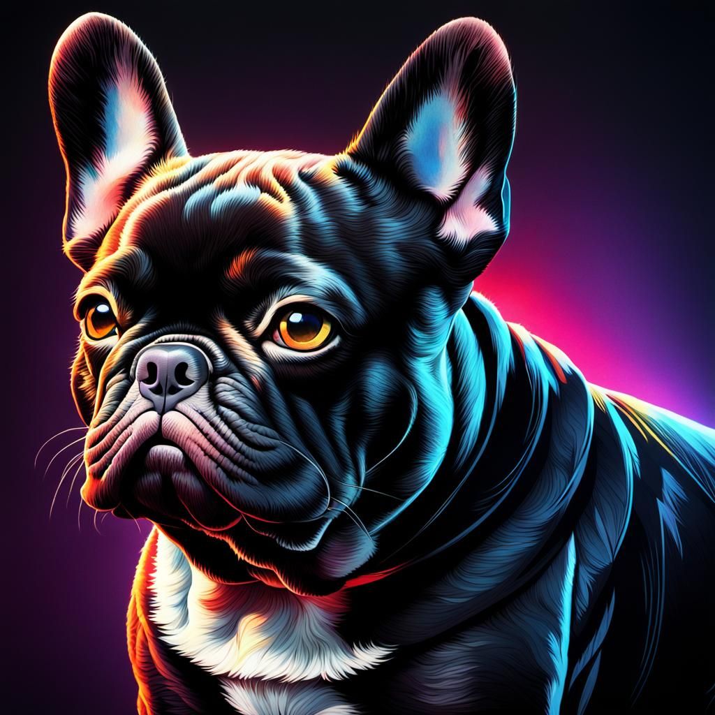 french bulldog, Harmonious, Colourful Black, Drypoint, close-up ...