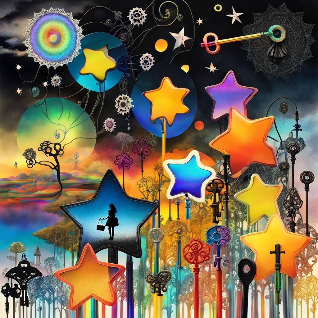 a surreal digital art piece depicting keys floating in a dreamlike ...