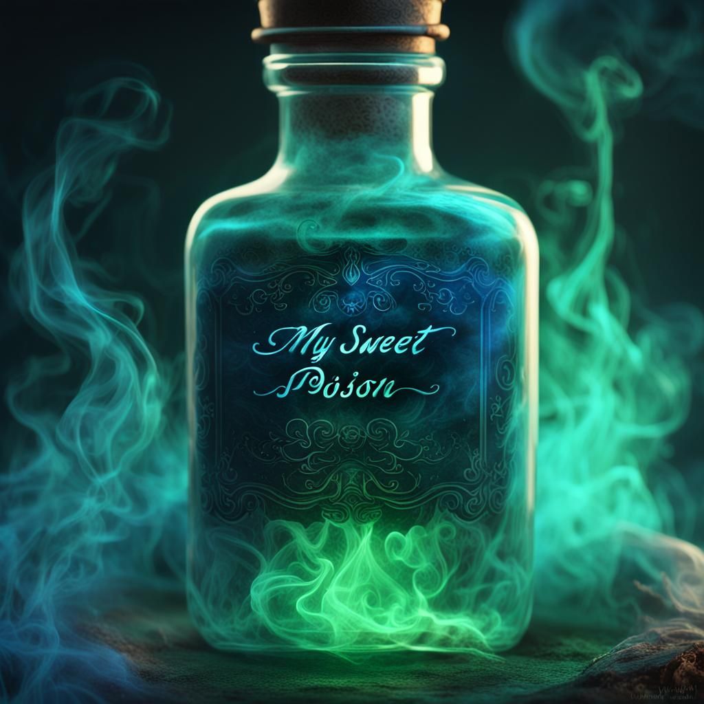 Bioluminescent Smoke filled Potion bottle that says "MY SWEET POISON"
