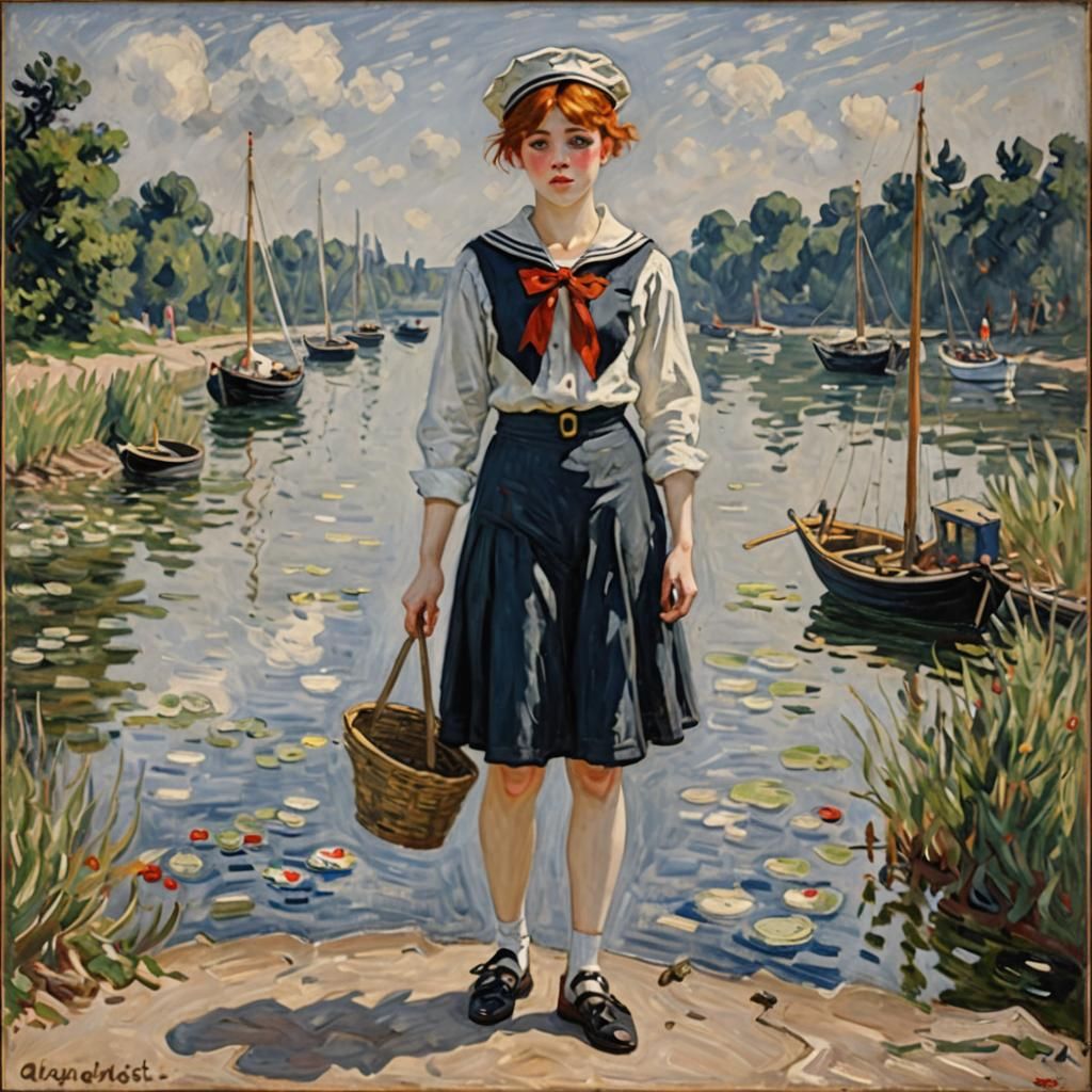 Barefoot redhead girl with a pixie cut dressed as a sailor, Claude ...